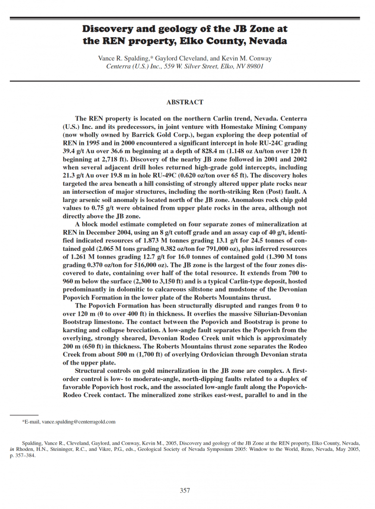 Discovery and geology of the JB Zone at the REN property, Elko County ...