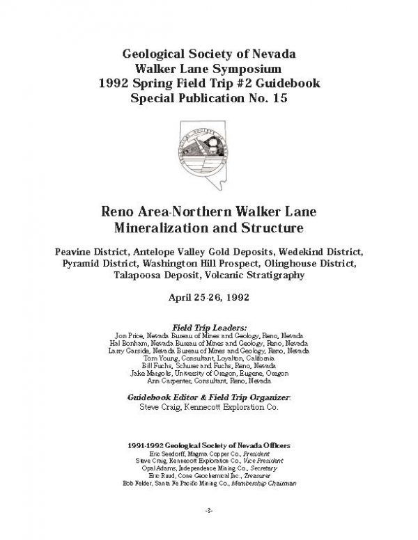 Reno Area – N Walker Lane Mineralization & Structure. Peavine, Wedekind ...